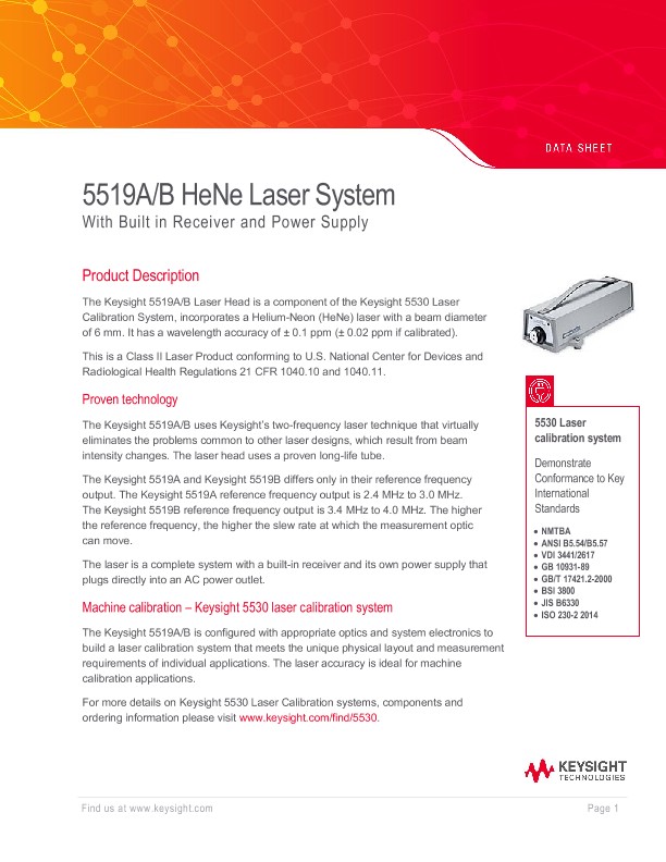 5519A/B HeNe Laser System With Built in Receiver and Power Supply PDF Asset Page | Keysight